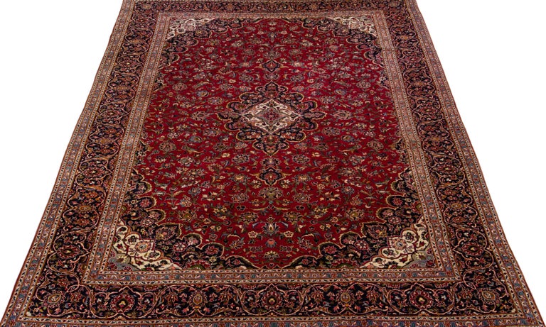 Oversize Antique Persian Kashan Handmade Medallion Wool Rug in Red For ...