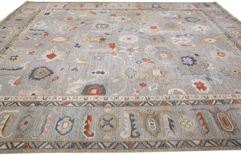 Oversize Indian Oushak Style Grey Wool Rug with Allover Motif For Sale ...