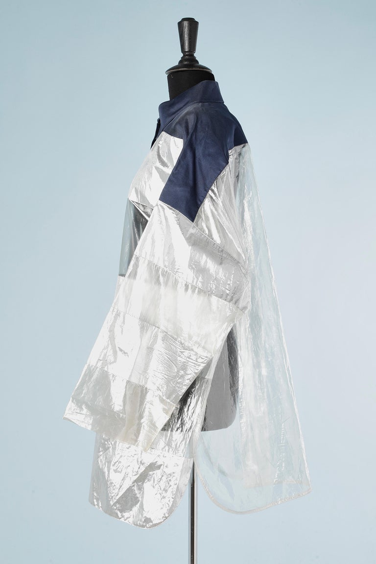 Oversize over-shirt in transparent, navy and silver lamé polyester ...