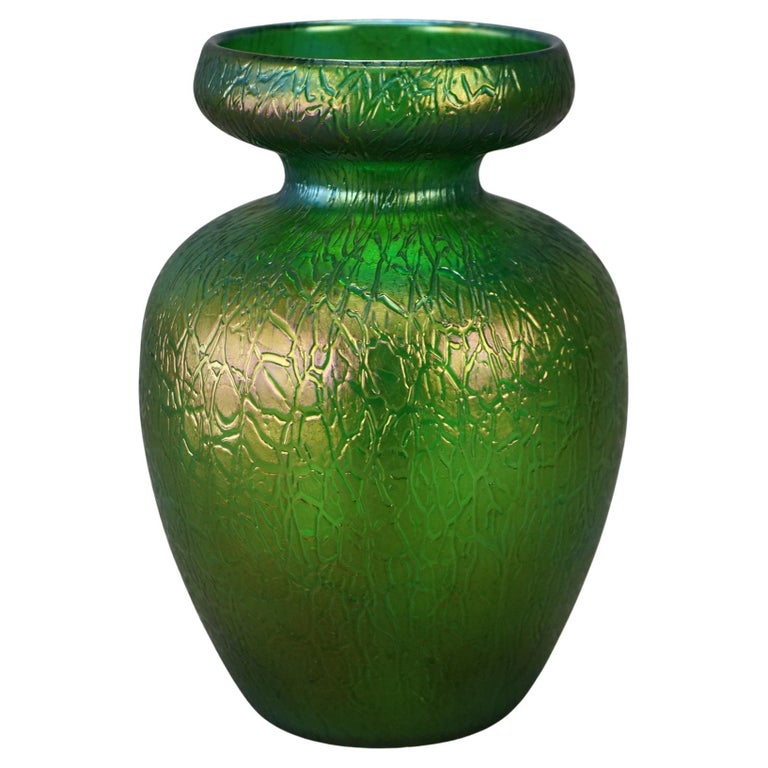 Oversized Antique Arts and Crafts Loetz Art Glass Emerald Green Flower ...