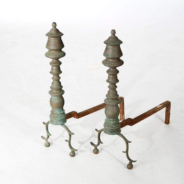 Oversized Antique Federal Baluster Brass and Wrought Iron Andirons ...