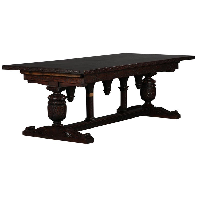 Oversized Antique Jacobean Carved Oak Dining or Conference Trestle ...