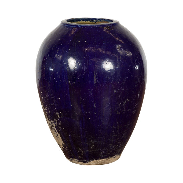 Oversized Antique Thai Cobalt Blue Glazed Water Vessel with Tapering ...