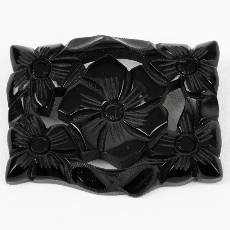 Oversized Black Bakelite Pin Brooch Floral Carving, 1930s For Sale at ...