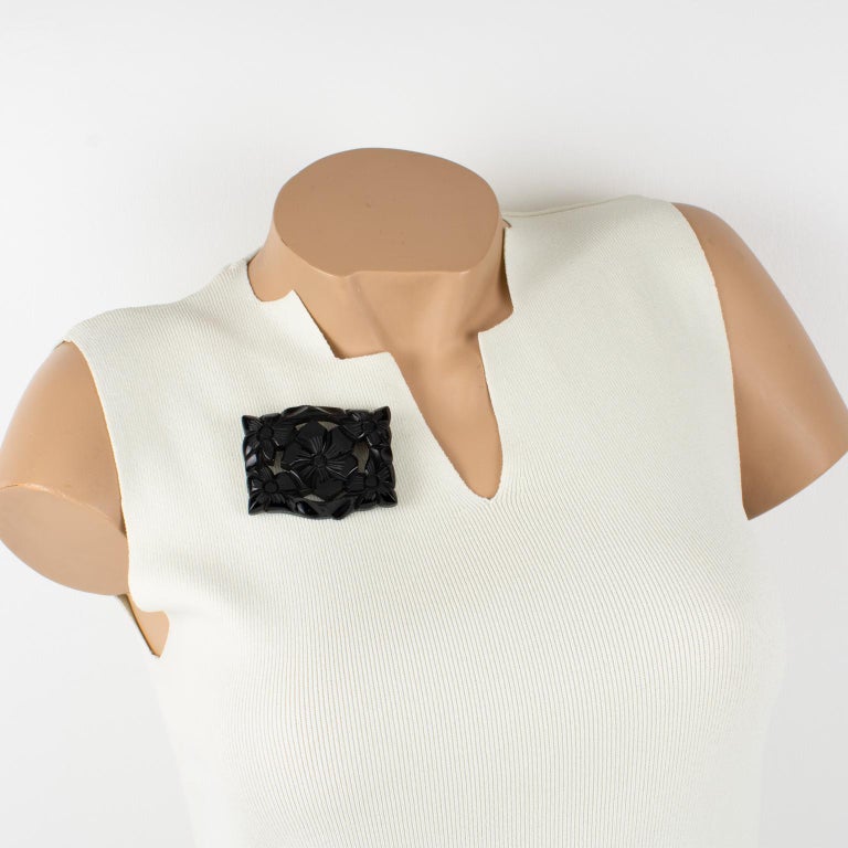 Oversized Black Bakelite Pin Brooch Floral Carving, 1930s For Sale at ...