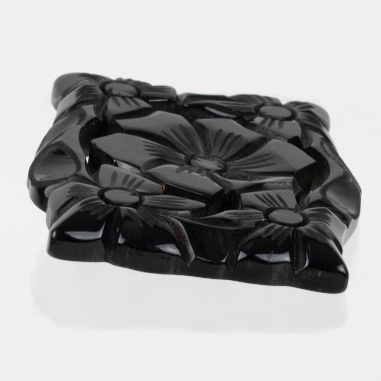Oversized Black Bakelite Pin Brooch Floral Carving, 1930s For Sale at ...