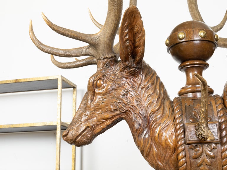 Oversized Black Forest 19th Century Carved Oak Stag Rack with Antlers ...