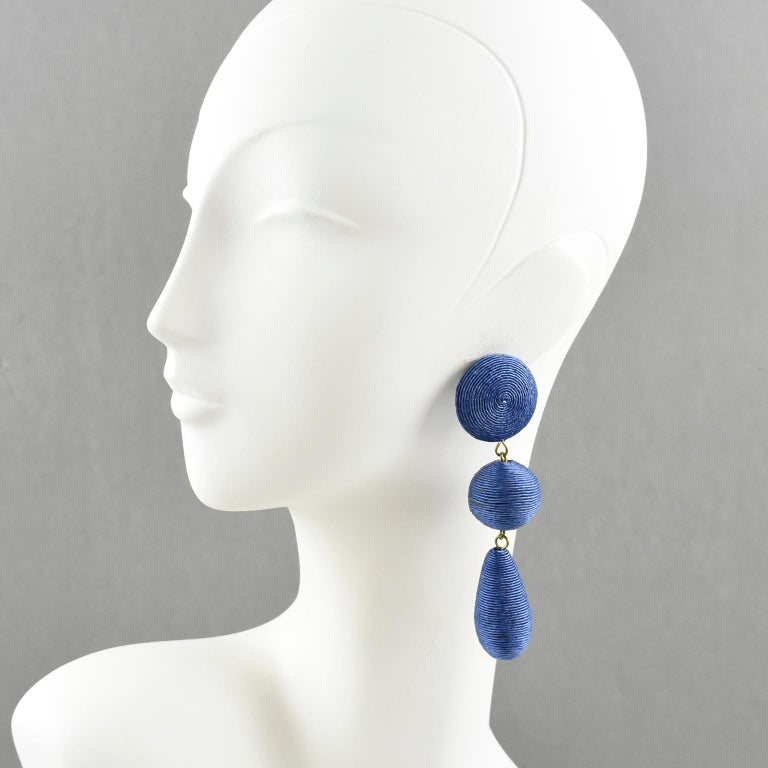 Oversized Blue Thread Dangling Pierced Earrings at 1stDibs