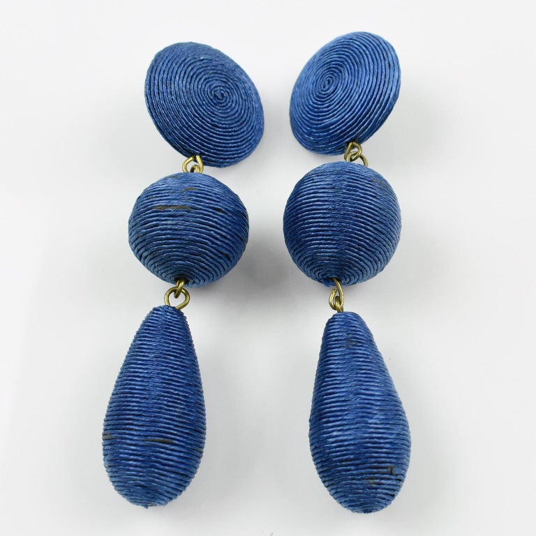 Oversized Blue Thread Dangling Pierced Earrings at 1stDibs