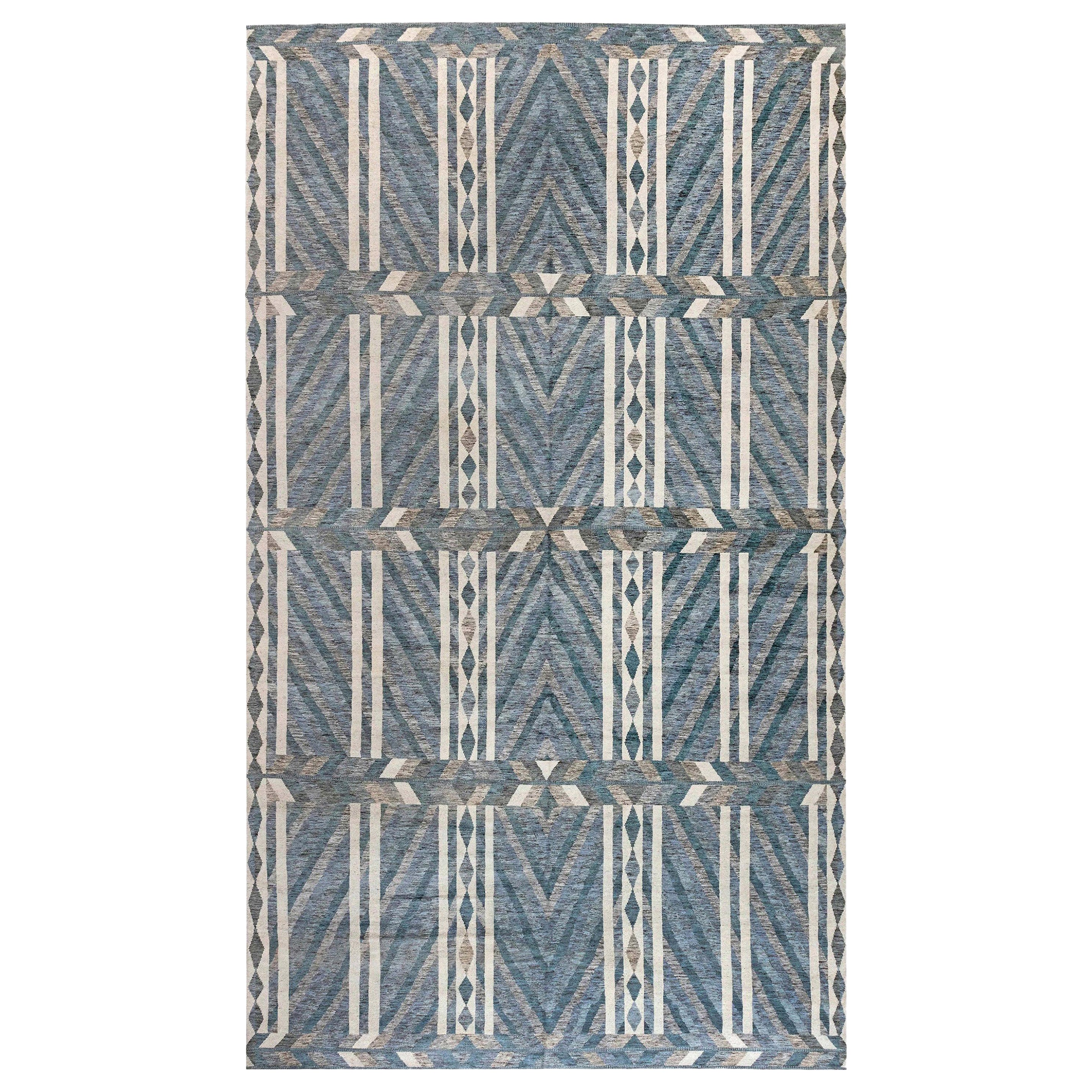 Modern Swedish Style Handmade Geometric Pattern Room size Blue Wool Rug ...