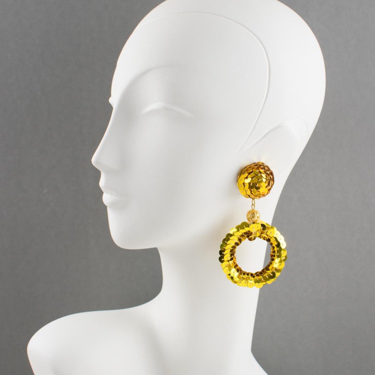 Oversized Gold Sequin Disco Donut Dangle Clip Earrings For Sale at 1stDibs