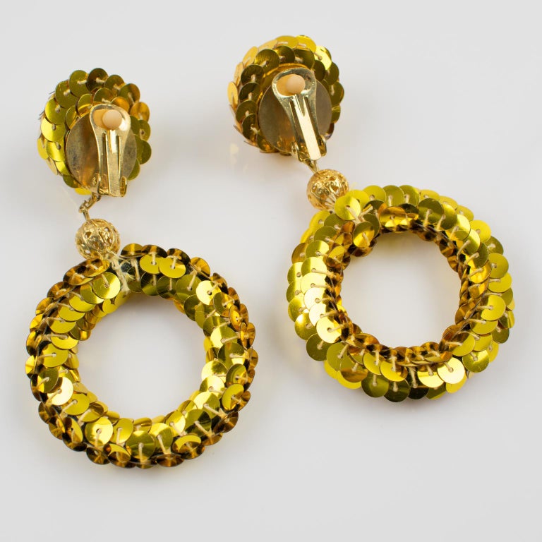 Oversized Gold Sequin Disco Donut Dangle Clip Earrings For Sale at 1stDibs