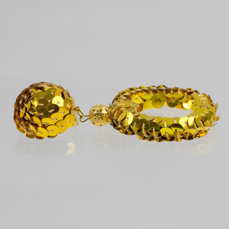 Oversized Gold Sequin Disco Donut Dangle Clip Earrings For Sale at 1stDibs
