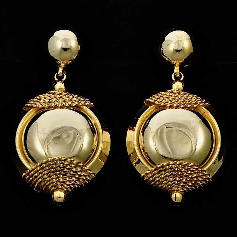 Oversized Gold Tone Disc Drop Clip On Statement Earrings 1970s For Sale ...