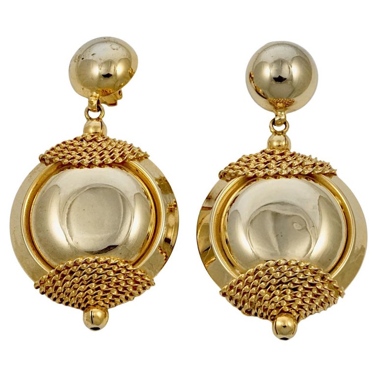 Oversized Gold Tone Disc Drop Clip On Statement Earrings 1970s For Sale ...