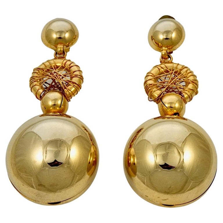 Oversized Gold Tone Large Ball Drop Clip On Statement Earrings 1970s ...