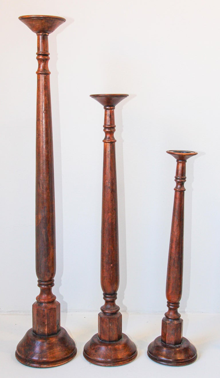 Oversized Hand Carved Wood Floor Pillar Holder Set of Three India For Sale at 1stDibs ...