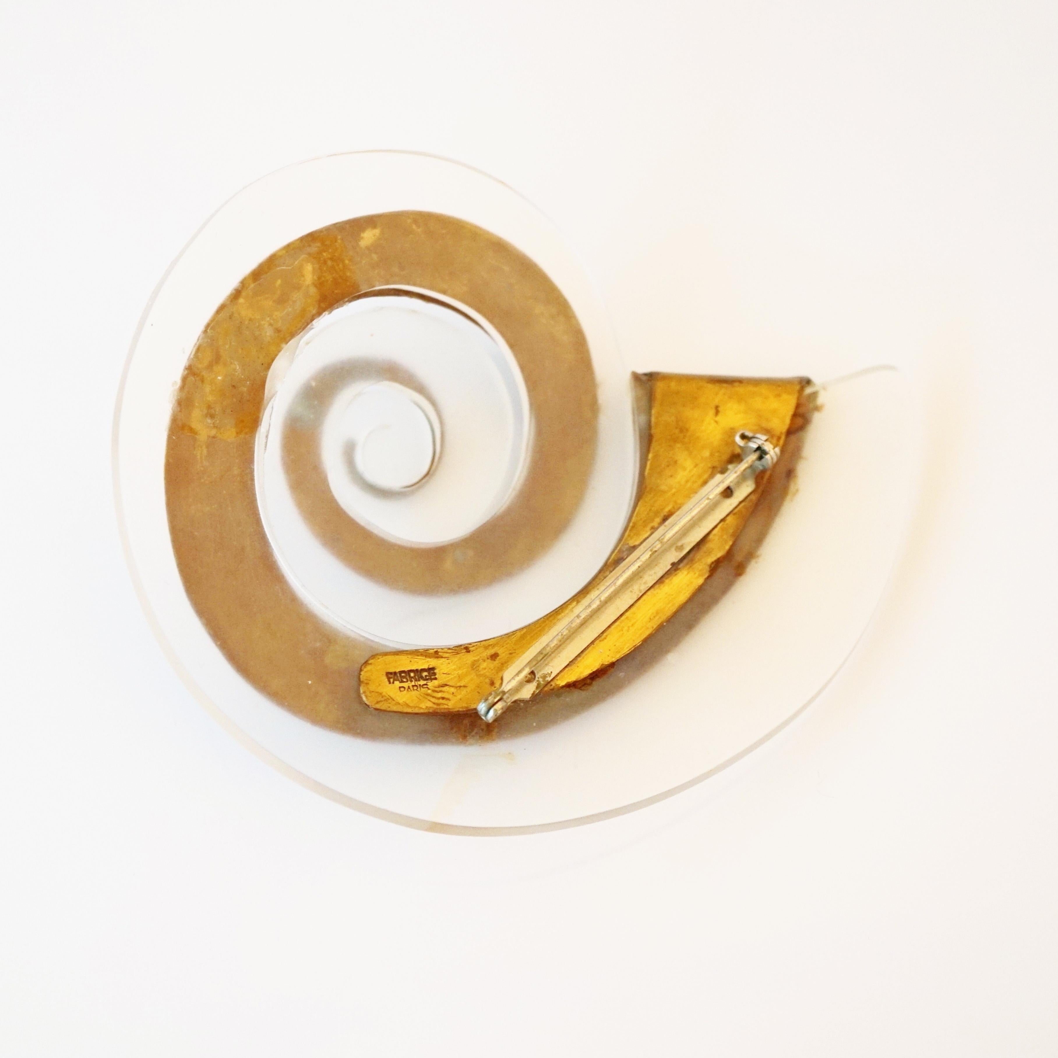 Oversized Lucite and Patinated Brass Swirl / Snail Brooch By Fabrice ...