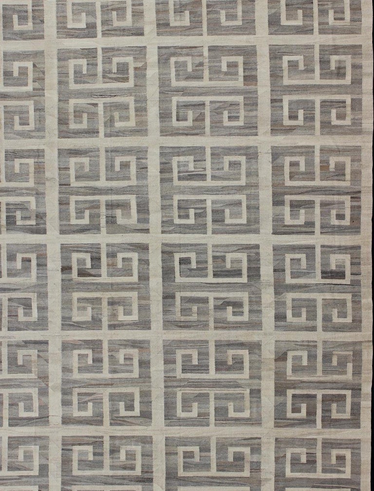 Oversized Modern Kilim with Large Scale Greek Key Design in Cream and ...