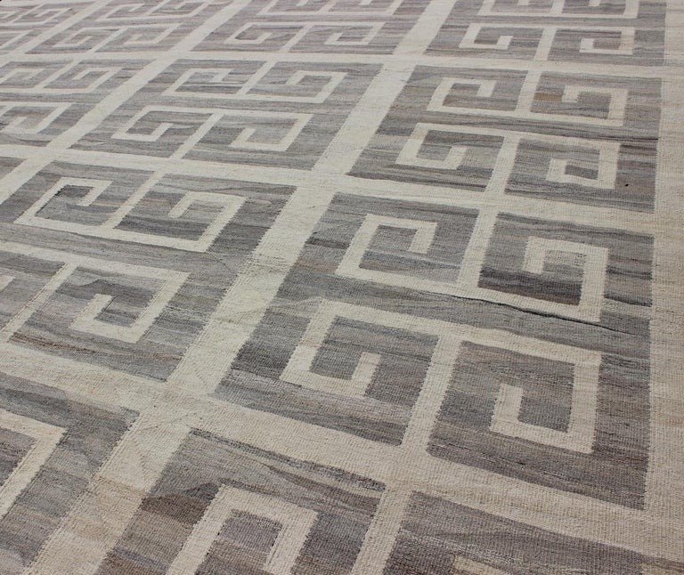 Oversized Modern Kilim with Large Scale Greek Key Design in Cream and ...