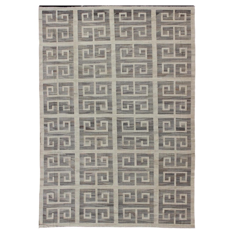 Oversized Modern Kilim with Large Scale Greek Key Design in Cream and ...
