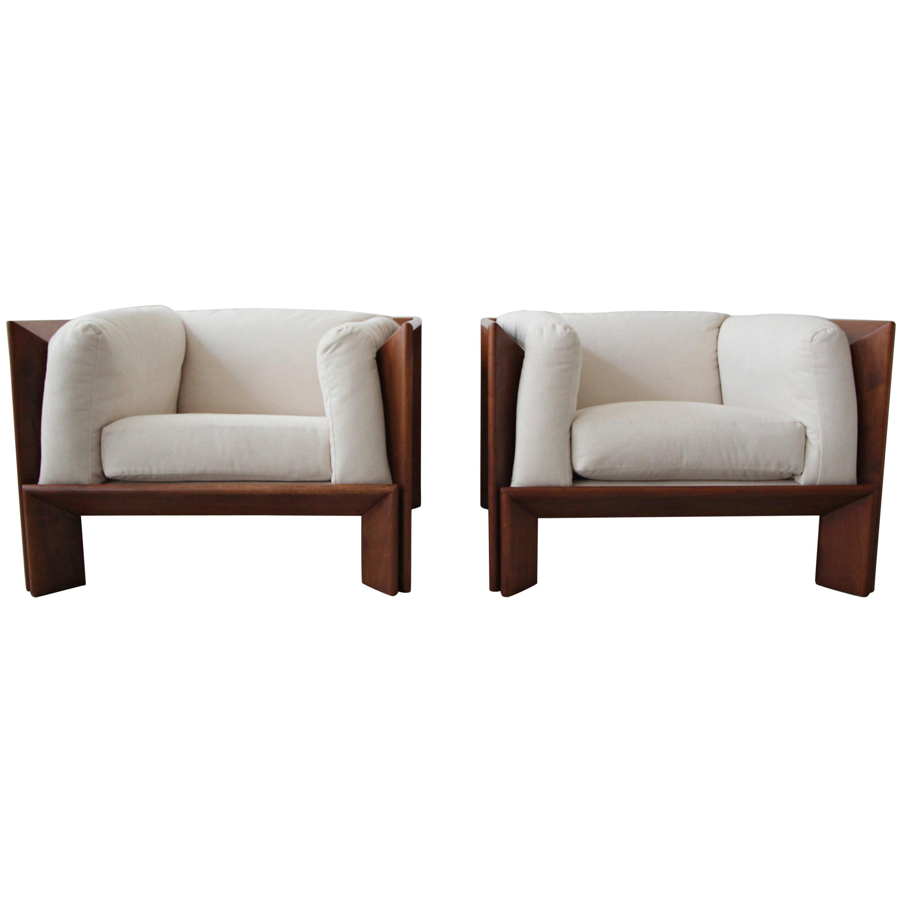 Oversized Pair of Midcentury Angular Solid Walnut Cube Lounge Chairs ...