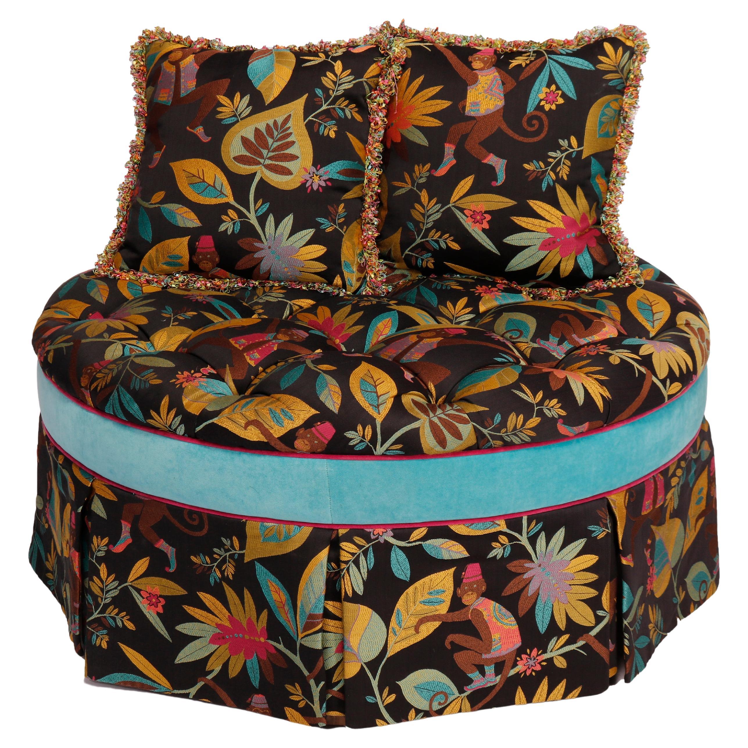 Blue Tufted Velvet Round Ottoman, Custom For Sale at 1stDibs