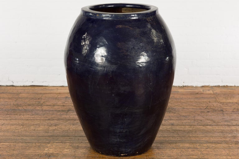 Oversized Vintage Thai Midnight Blue Glazed Water Vessel with Tapering ...