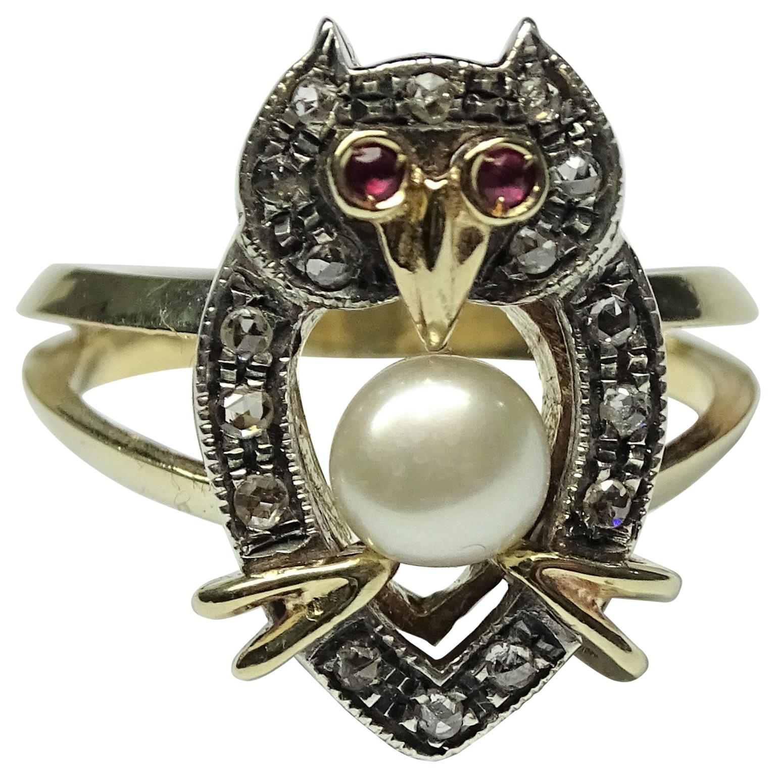 Owl Cultured Pearl Ruby Rose Cut Diamonds Art Nouveau Yellow Gold Ring ...