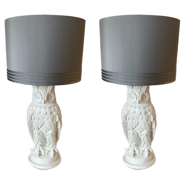 Owl Figure White Chalkware Lamps, Pair For Sale at 1stDibs