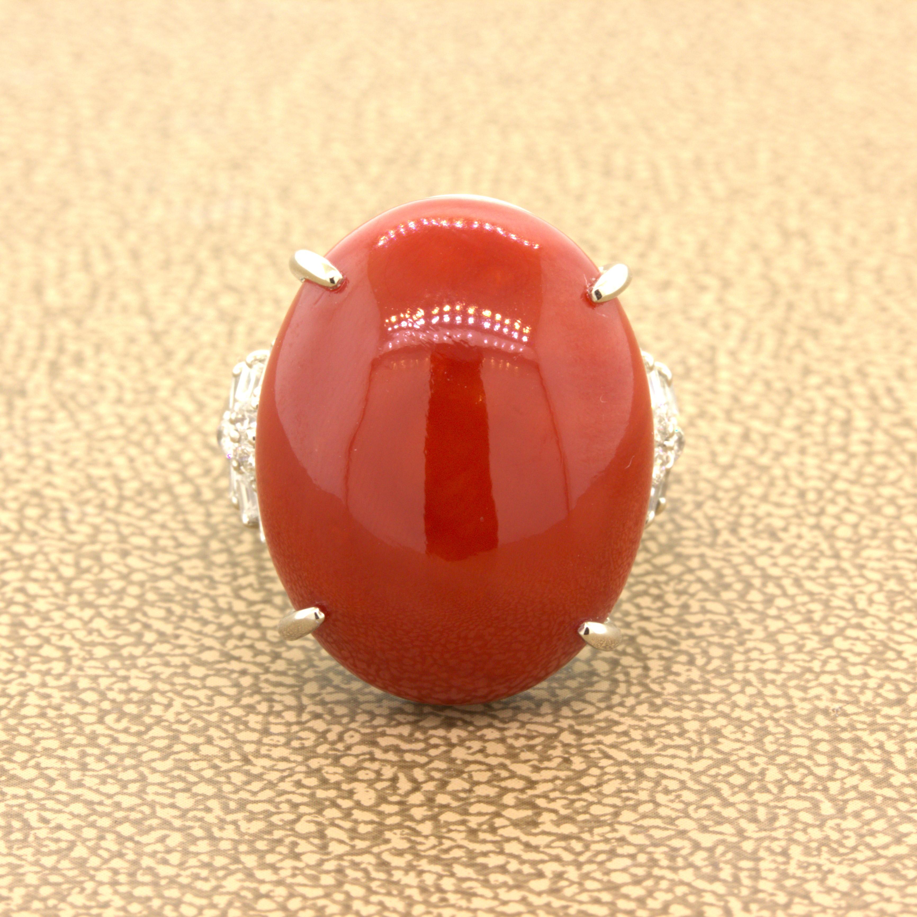 Ox Blood Coral Diamond Platinum Ring For Sale at 1stDibs