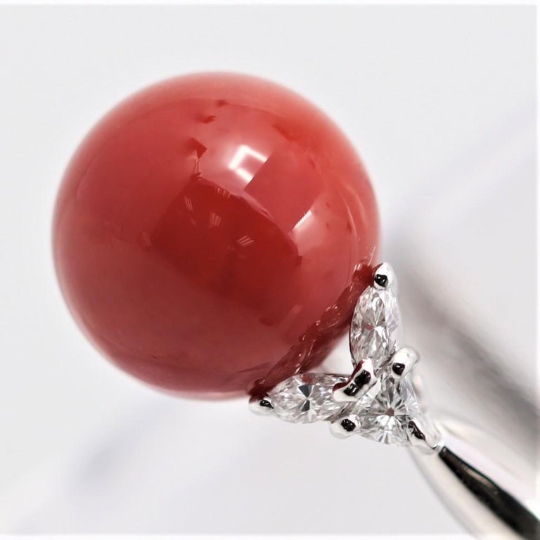 Ox Blood Coral Diamond Platinum Ring For Sale at 1stDibs