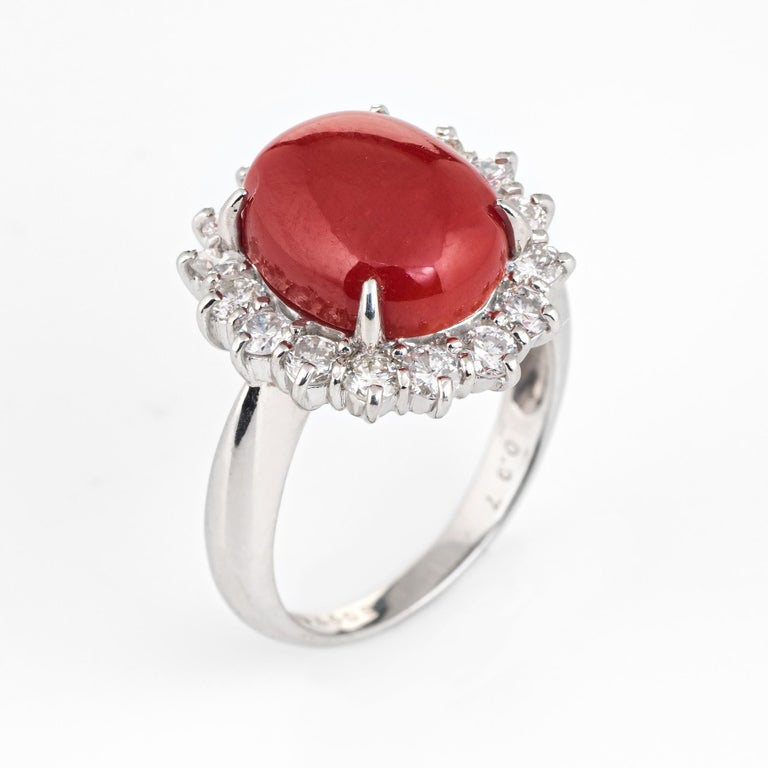 Ox Blood Red Coral Diamond Ring Estate Platinum Cocktail Jewelry ...