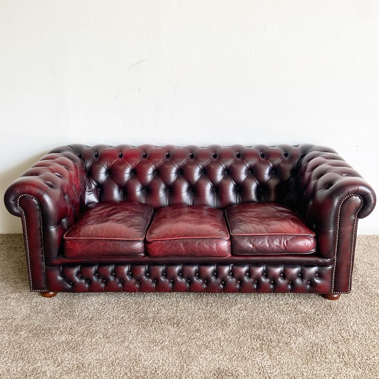 Oxblood Leather Chesterfield Rolled Arm Sofa For Sale at 1stDibs