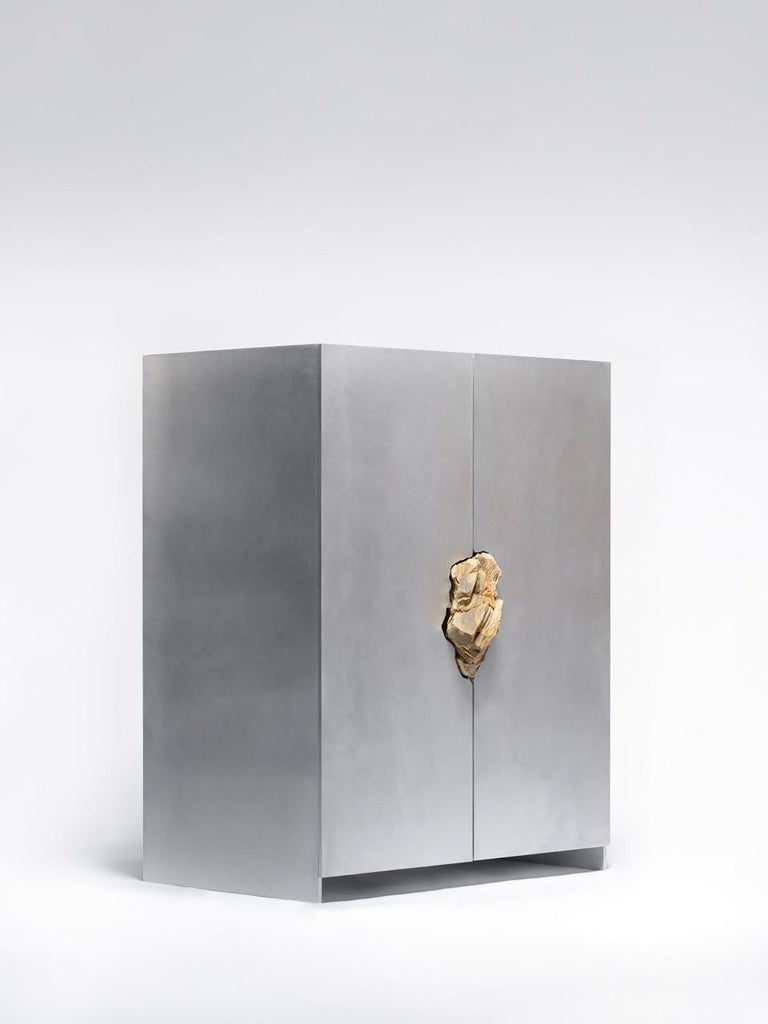 Oxidized and Waxed Aluminium Cabinet with Petrified Wood by Pierre De ...