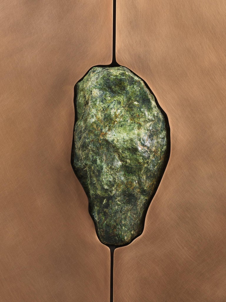 Oxidized and Waxed Bronze Round Cabinet Jade Stone by Pierre De Valck For Sale at 1stDibs