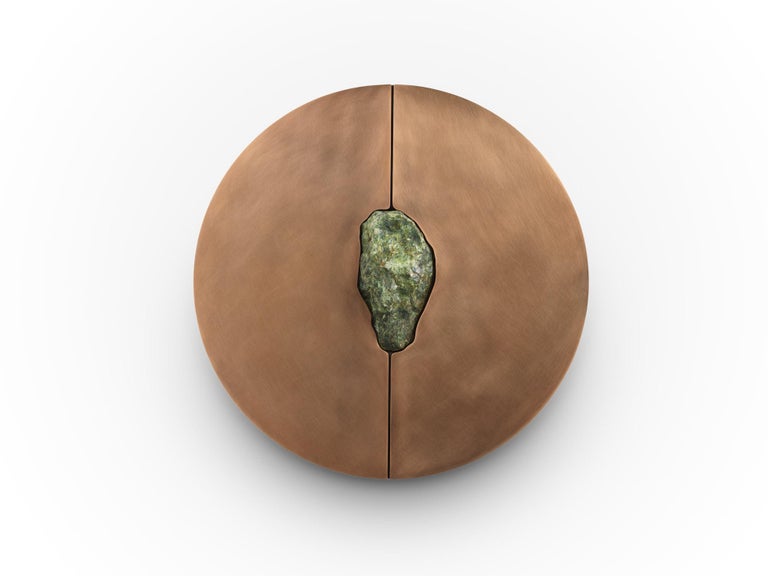 Oxidized and Waxed Bronze Round Cabinet Jade Stone by Pierre De Valck For Sale at 1stDibs