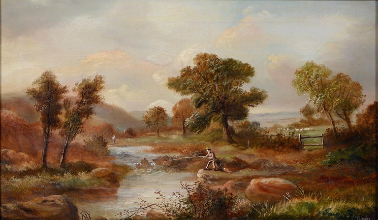 P. MacArthur - Antique British Oil Painting Angler in Mountainous River ...