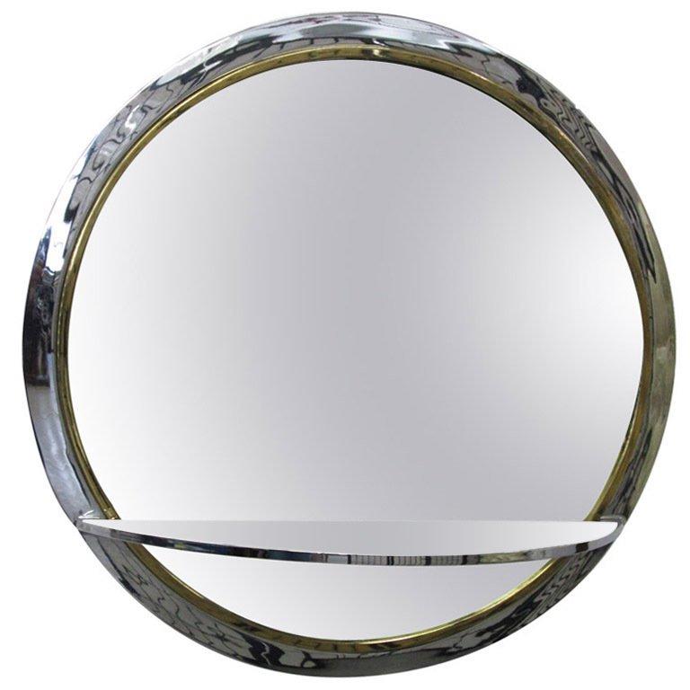 Designer Elongated Oval Chrome and Brass Mirror with Glass Shelf at 1stdibs