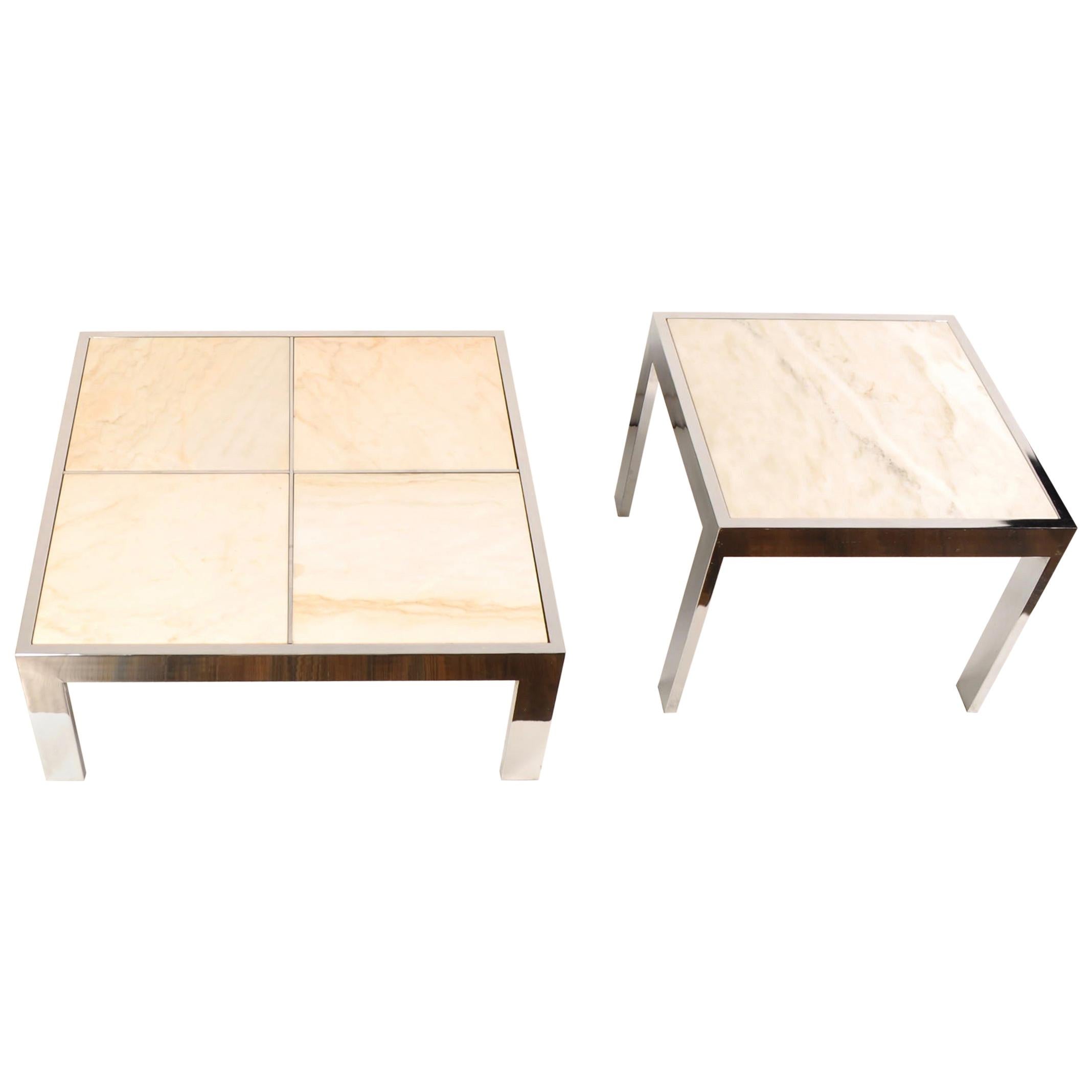 Pace Collection Marble and Chrome Coffee and Side Tables at 1stDibs