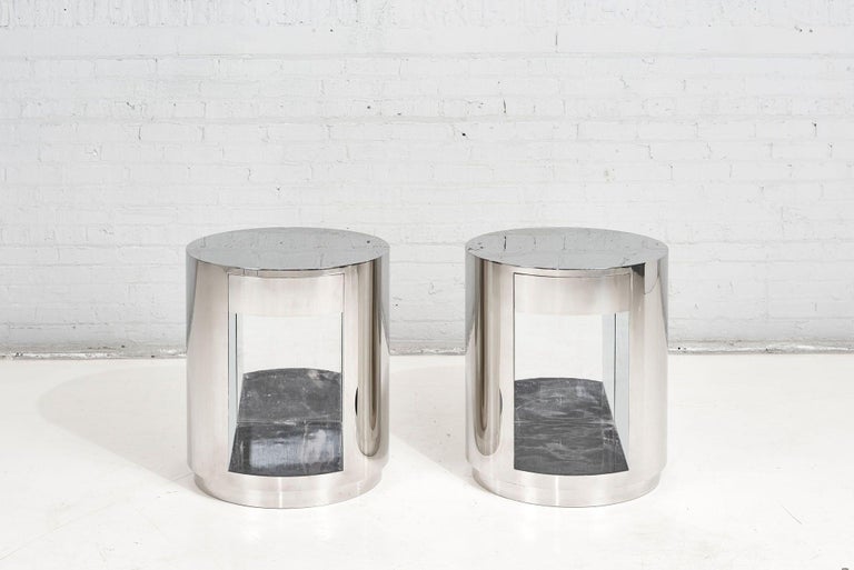 Pace Collection Stainless Steel Drum Tables with Drawer, 1970 at 1stDibs