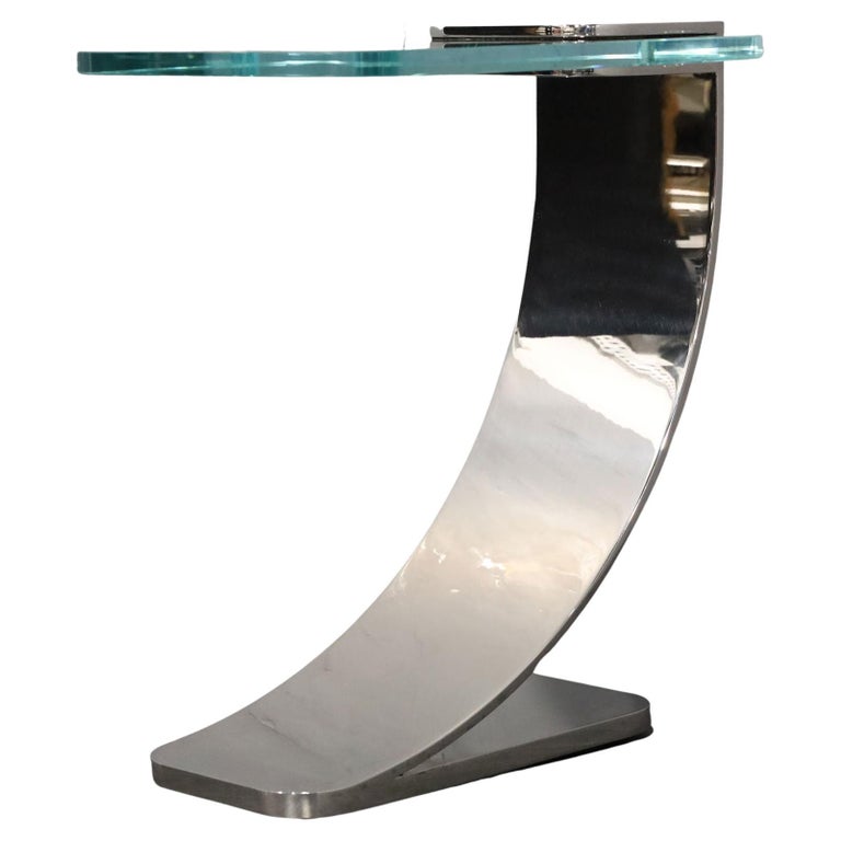 Pace Style Cantilevered Side Table in Polished Steel with Glass Top For ...