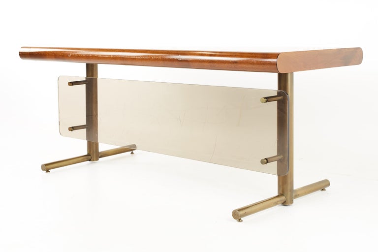 Pace Style Mid Century Walnut Lucite and Brass Desk For Sale at 1stDibs