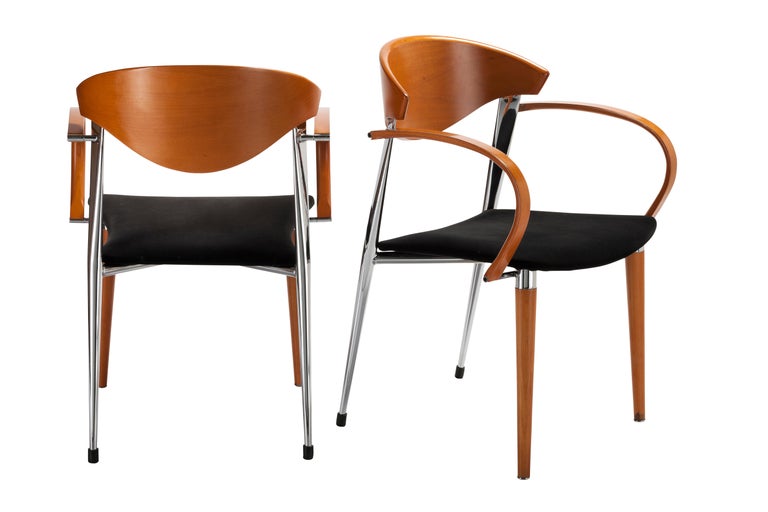 Paco Capdell, Pair of Side Chairs in Beech and Chrome, Late 1970s ...