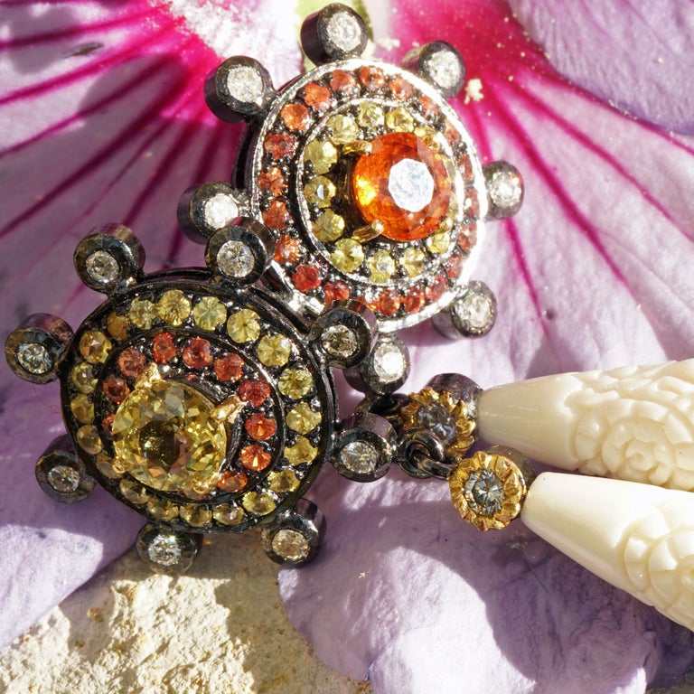 Padparadscha Saphire Diamond Carved Bone Earrings a Thousand and 1 ...