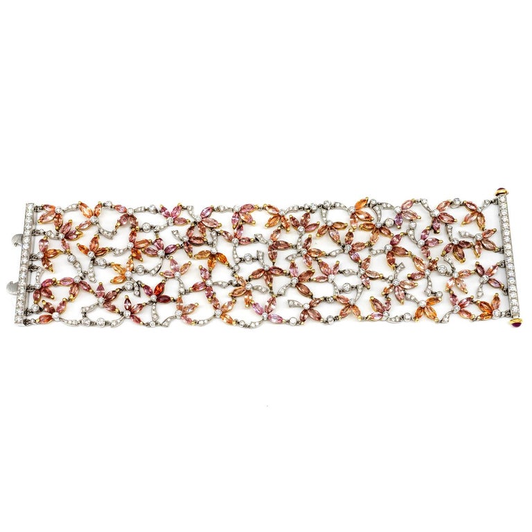Padparadscha Sapphire, Diamond, Gold and Platinum Flower Bracelet For ...