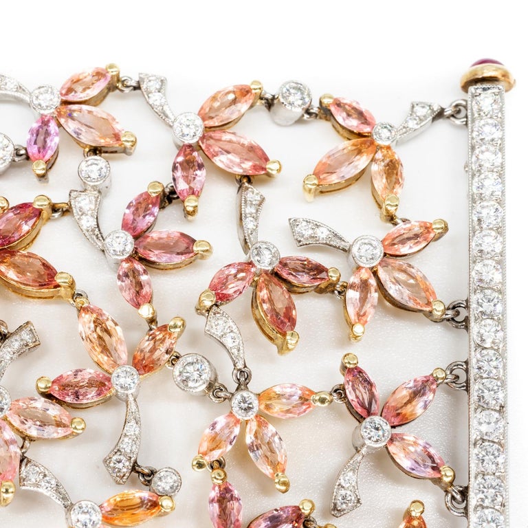Padparadscha Sapphire Diamond Gold Platinum Flower Bracelet at 1stDibs