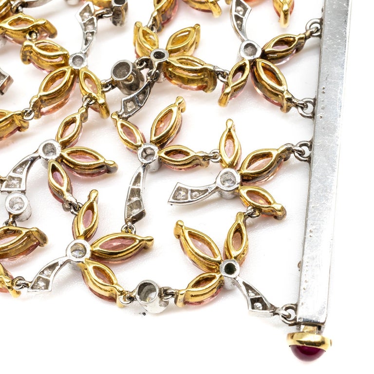Padparadscha Sapphire Diamond Gold Platinum Flower Bracelet at 1stDibs