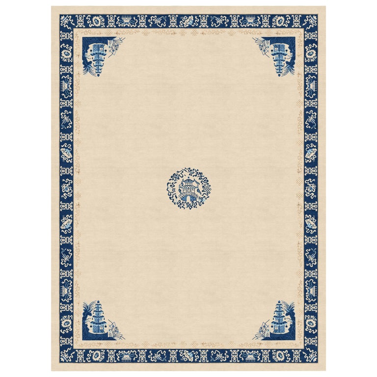 Traditional Chinese Rug Wool Silk - Pagoda Antique Sand For Sale at 1stDibs