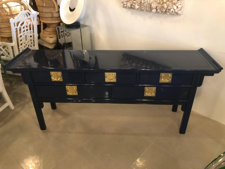 Pagoda Console Table by Century Newly Lacquered Navy Blue Brass Pulls ...